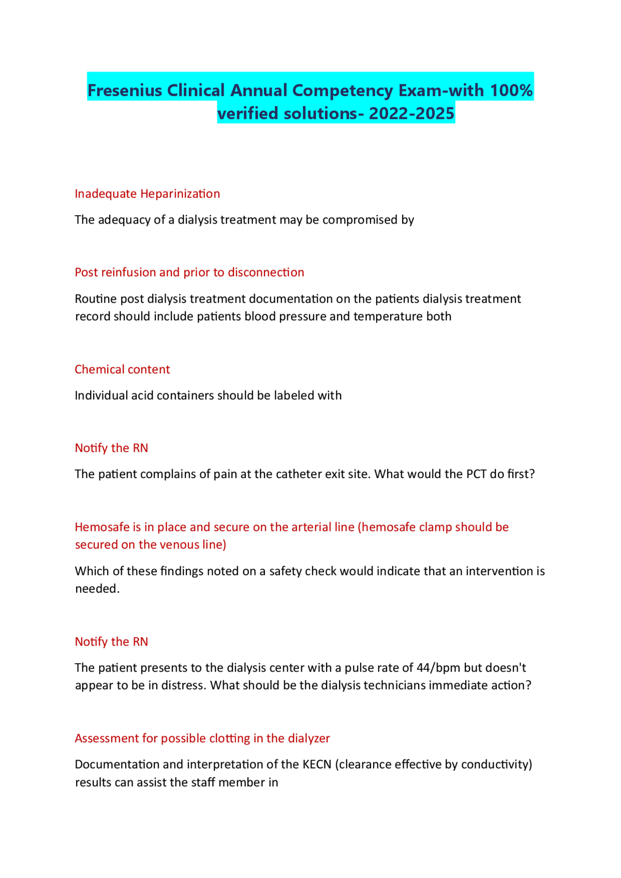Fresenius Clinical Annual Competency Exam-with 100% verified solutions- 2022-2025 | Exams Health ...