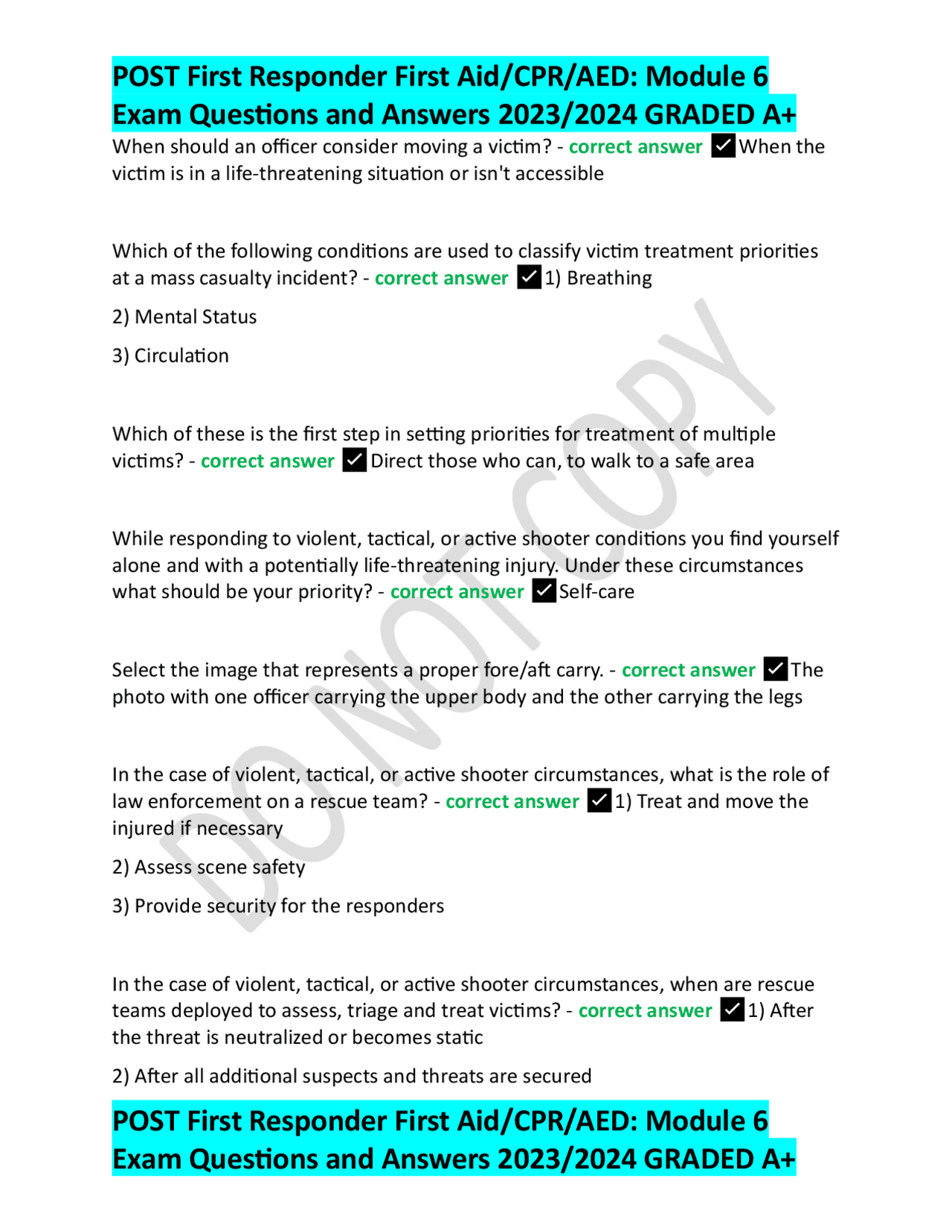 POST First Responder First Aid Module 6 Exam Questions and Answers ...