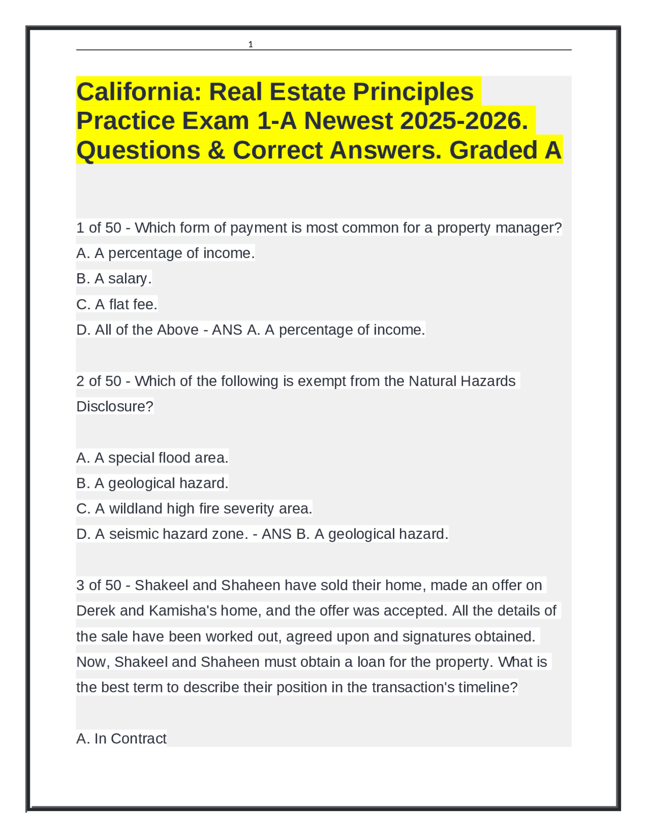 California: Real Estate Principles Practice Exam 1-A Newest 2025-2026 ...