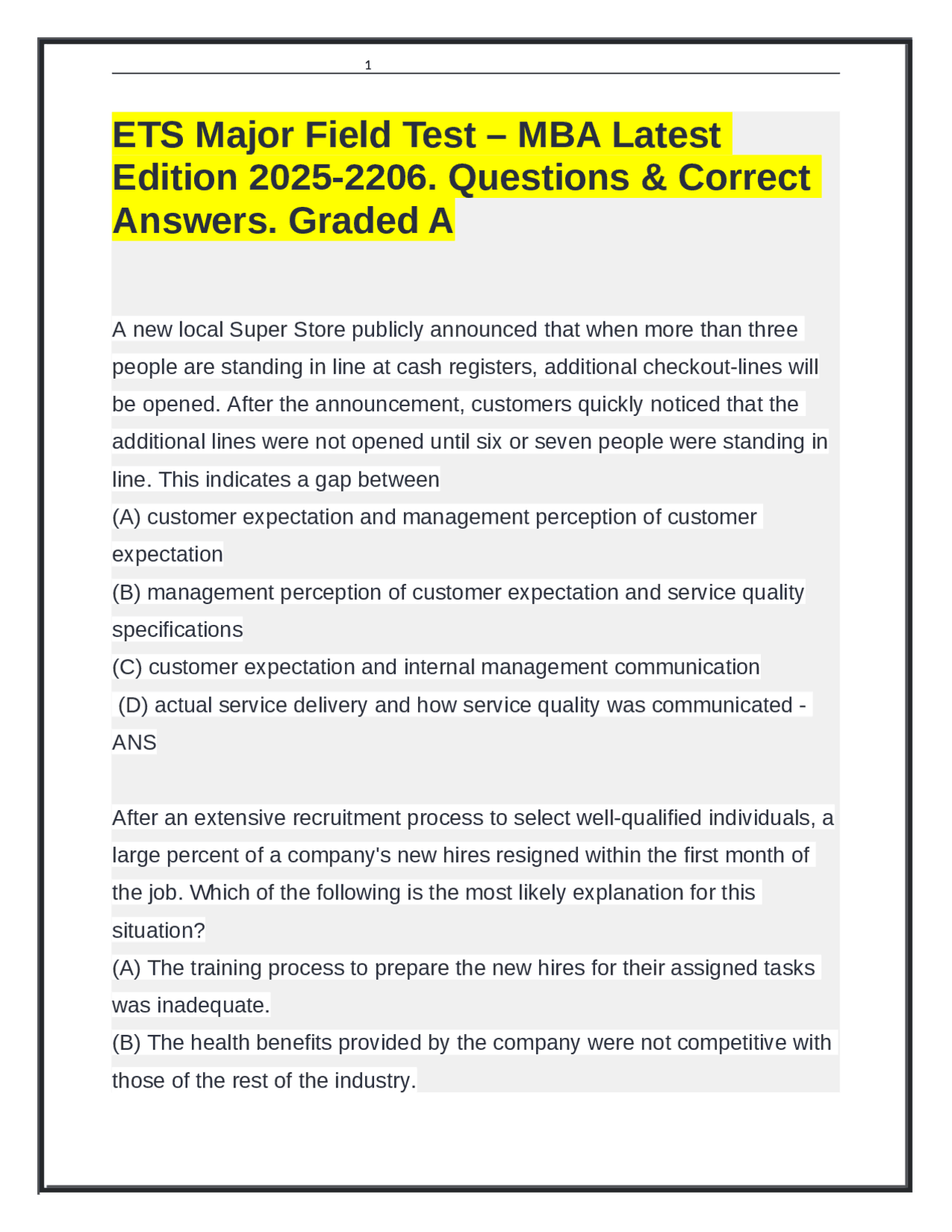 ETS Major Field Test – MBA Latest Edition 2025-2206. Questions ...