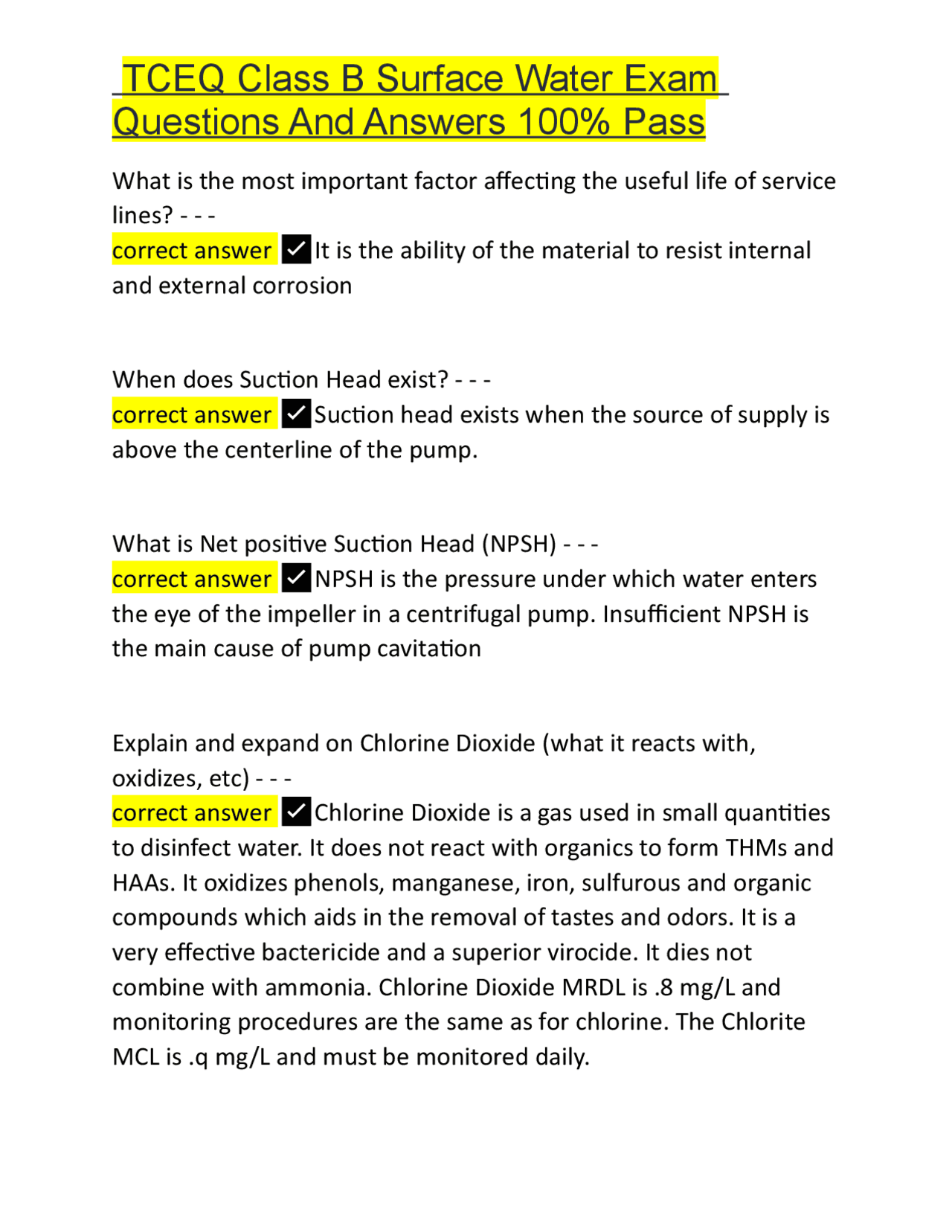 TCEQ Class B Surface Water Exam Questions And Answers 100% Pass | Exams ...