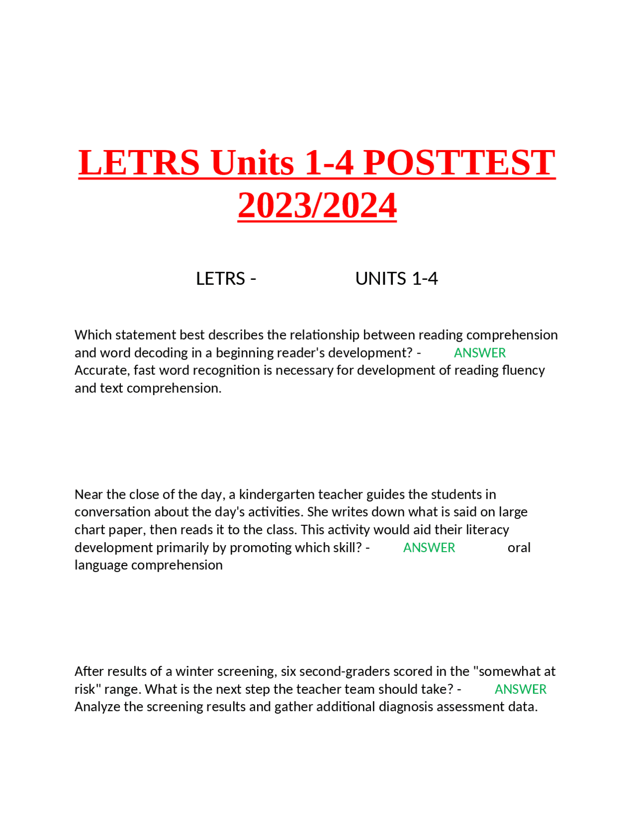 LETRS Units 1-4 POSTTEST 2023/2024 | Exams Nursing | Docsity