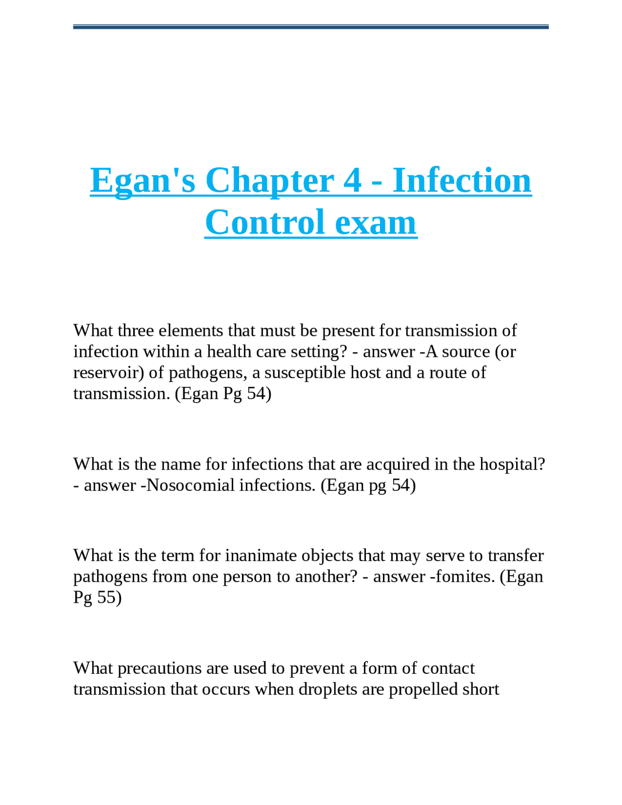 Egan's Chapter 4 - Infection Control exam.docx | Exams Nursing | Docsity