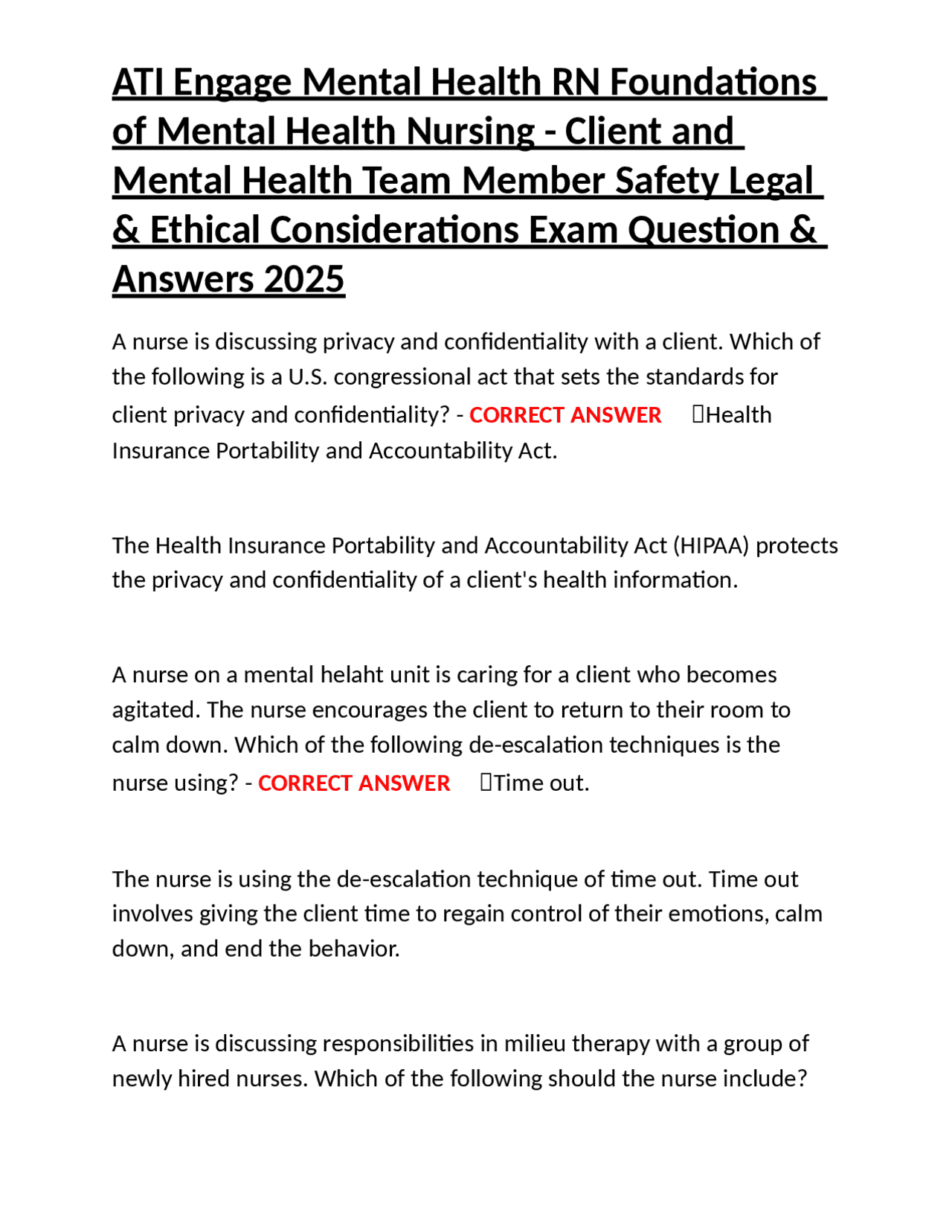 Mental Health Nursing Exam Questions & Answers | Exams Nursing | Docsity