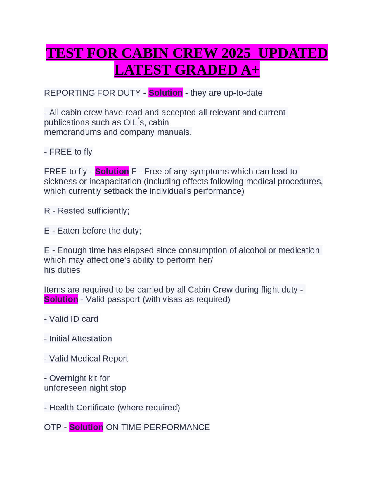 TEST FOR CABIN CREW 2025 UPDATED LATEST GRADED A+ | Exams Nursing | Docsity