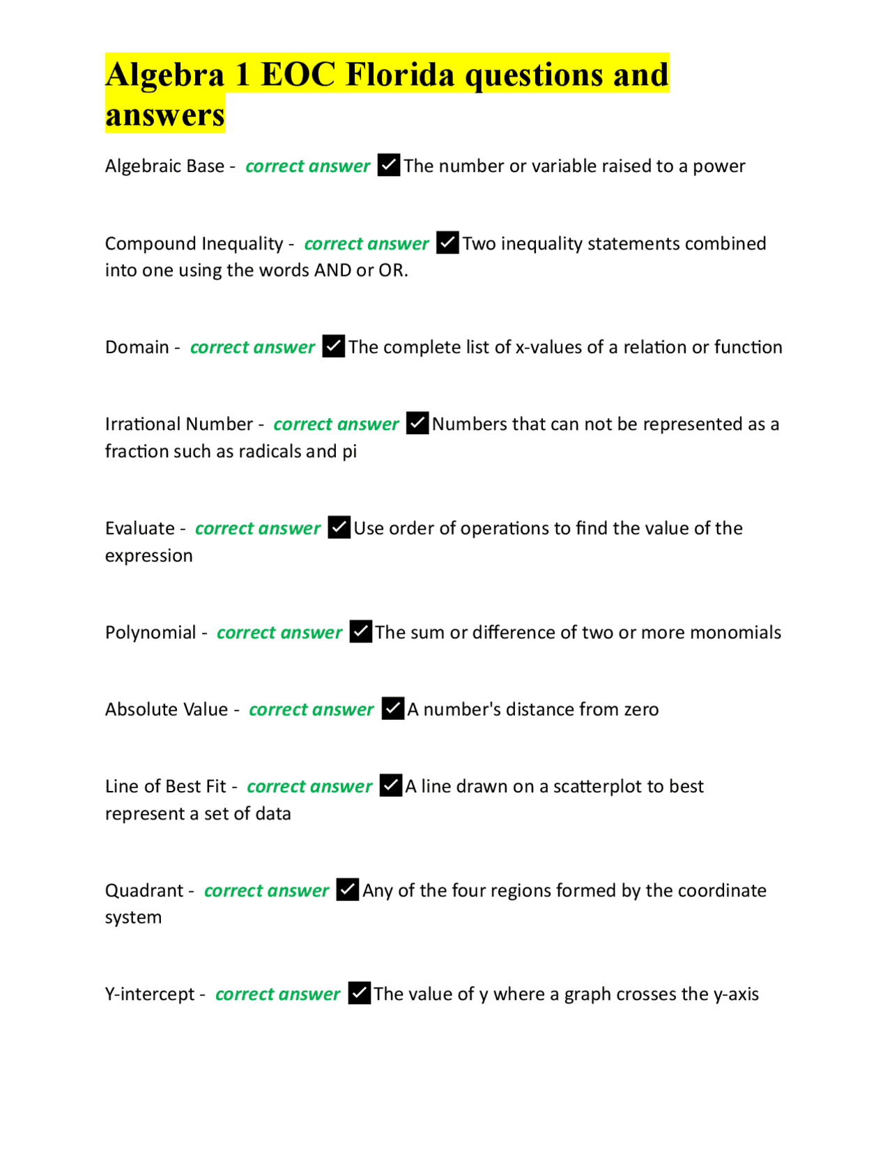 Algebra 1 EOC Florida questions and answers. | Exams Algebra | Docsity