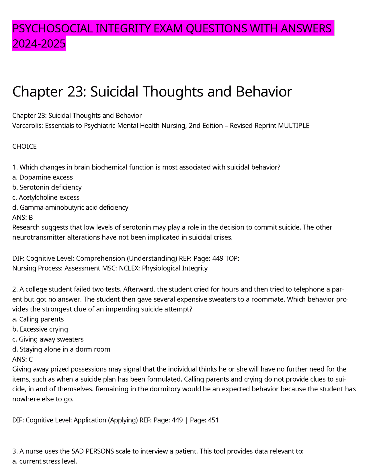 Psychosocial Integrity Exam Questions and Answers: Suicidal Thoughts ...