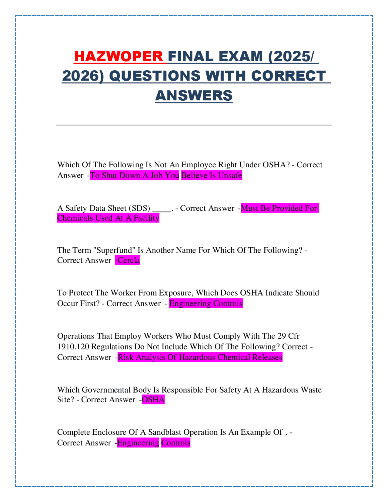 HAZWOPER FINAL EXAM (2025/ 2026) QUESTIONS WITH CORRECT ANSWERS | Exams ...