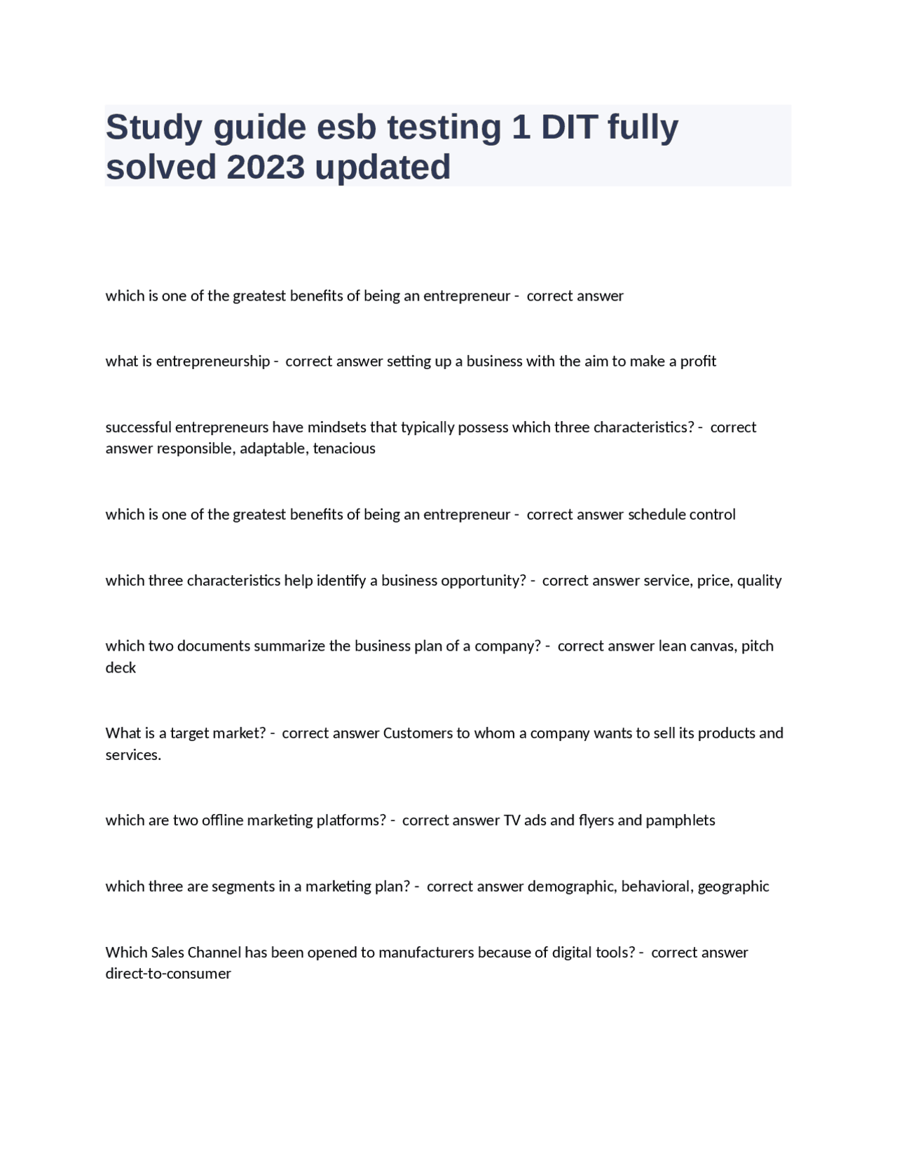 Study guide esb testing 1 DIT fully solved 2023 updated.docx | Exams ...