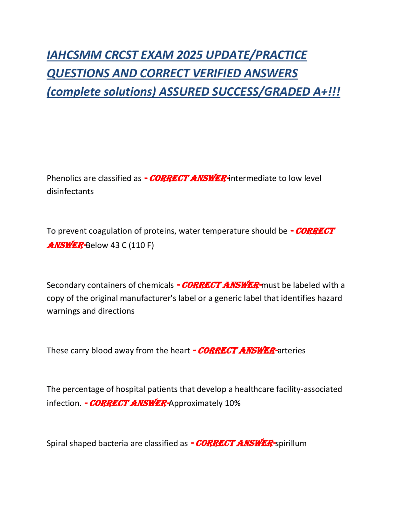 IAHCSMM CRCST EXAM 2025 UPDATE/PRACTICE QUESTIONS AND CORRECT VERIFIED ...