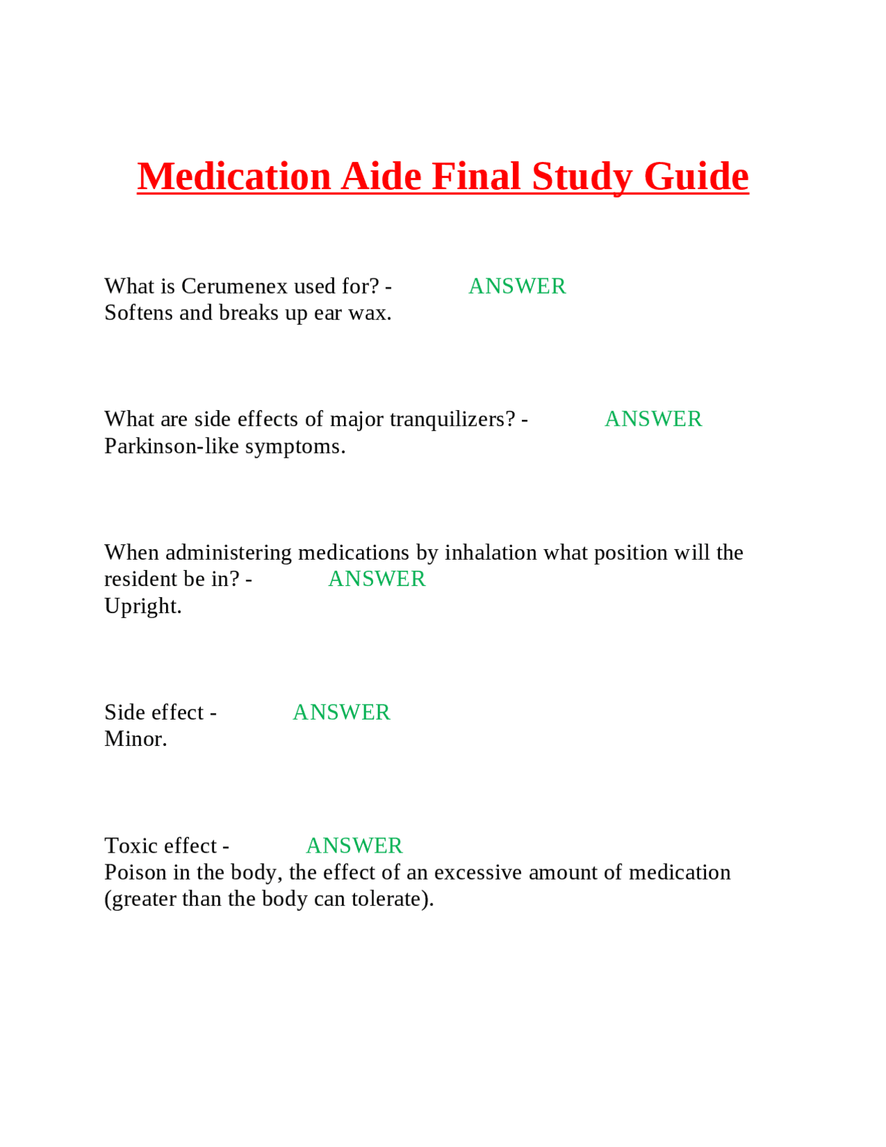 Medication Aide Final Study Guide: Q&A on Medications, Side Effects, and Administration | Exams ...