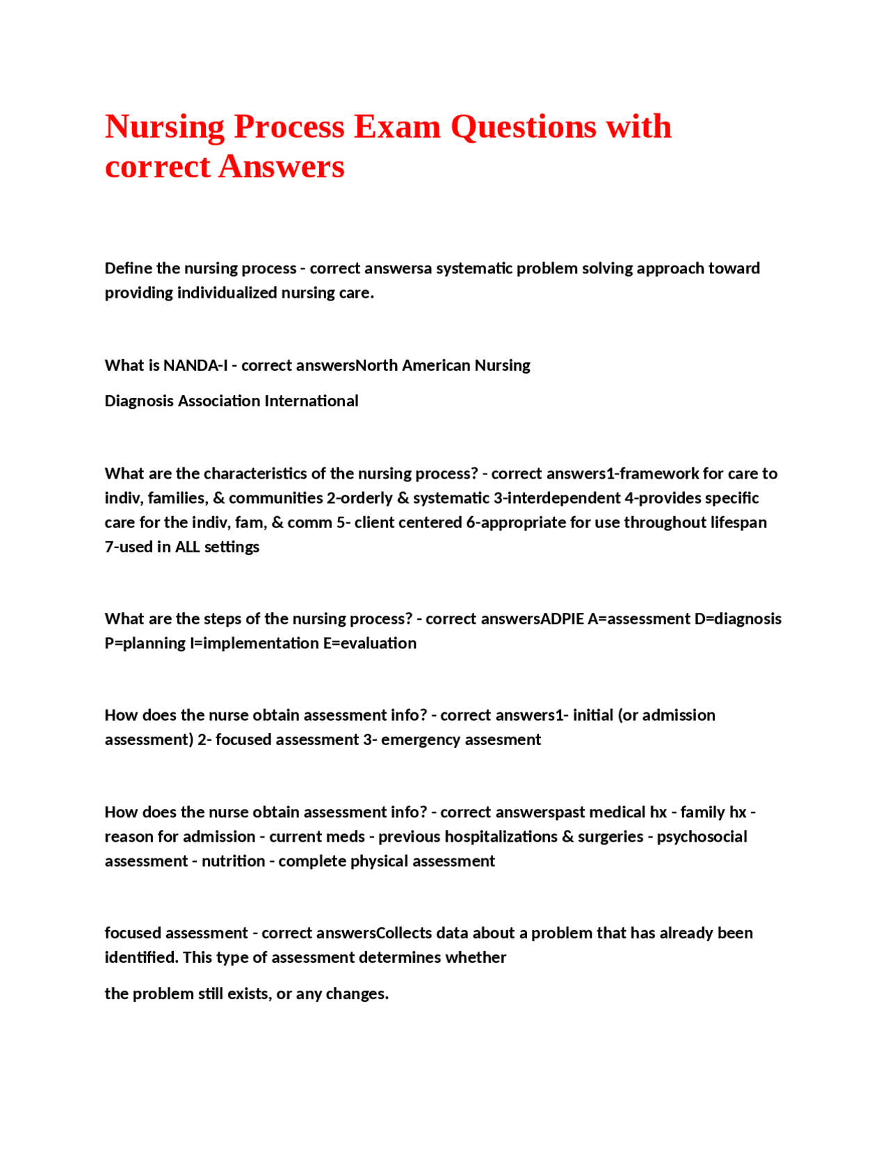 Nursing Process Exam Questions with correct Answers | Exams Nursing | Docsity