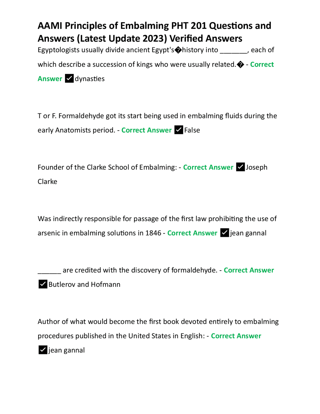 AAMI Principles of Embalming PHT 201 Questions and Answers (Latest ...