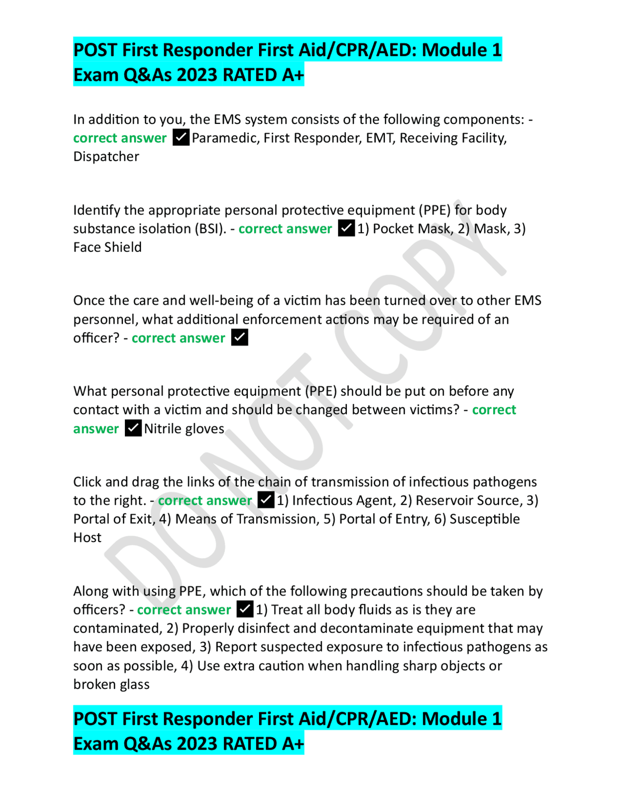 POST First Responder First Aid CPR AED Module 1 Exam Q&As 2023 | Exams ...