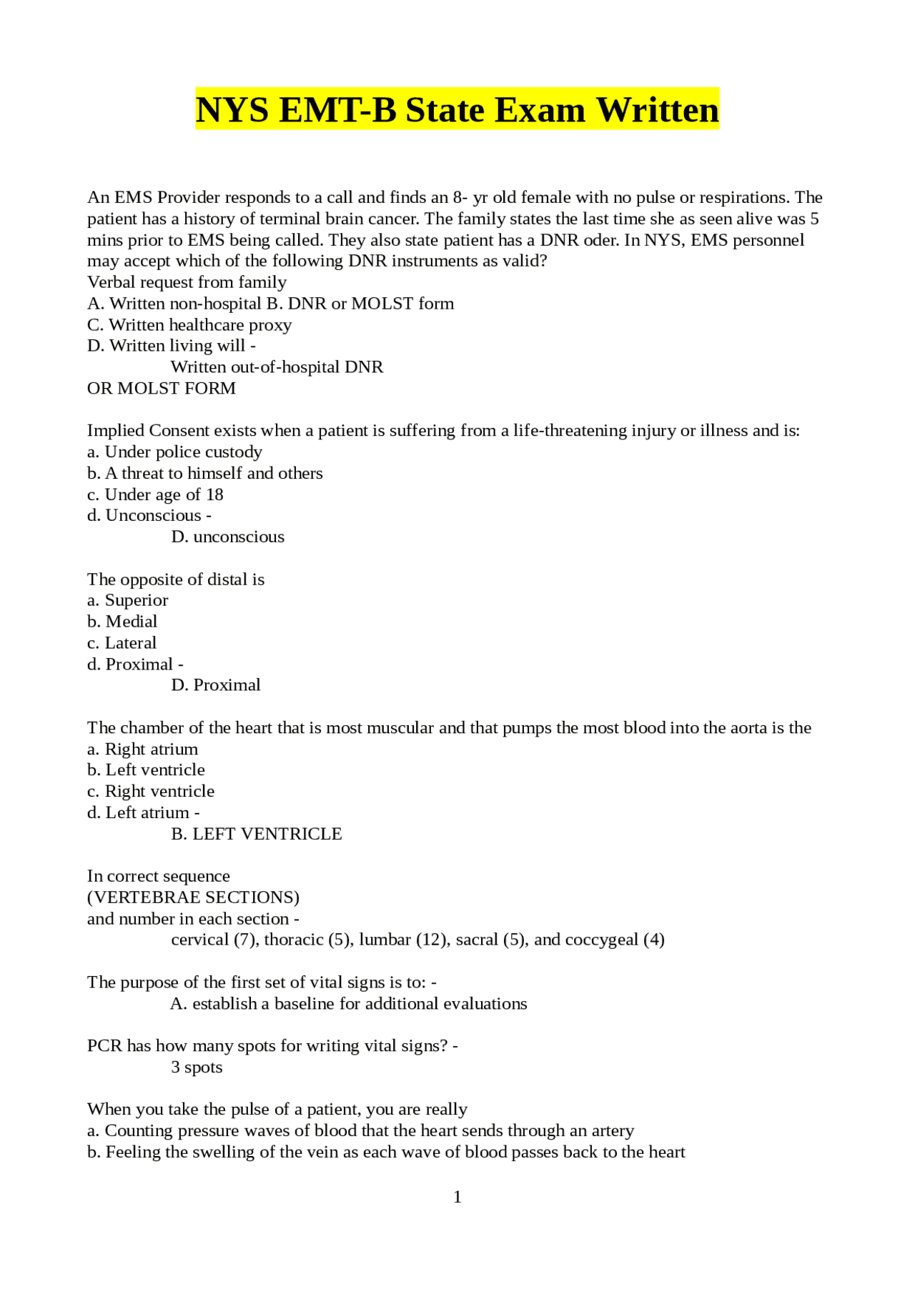 NYS EMT-B State Exam Written: Practice Questions and Answers | Exams ...