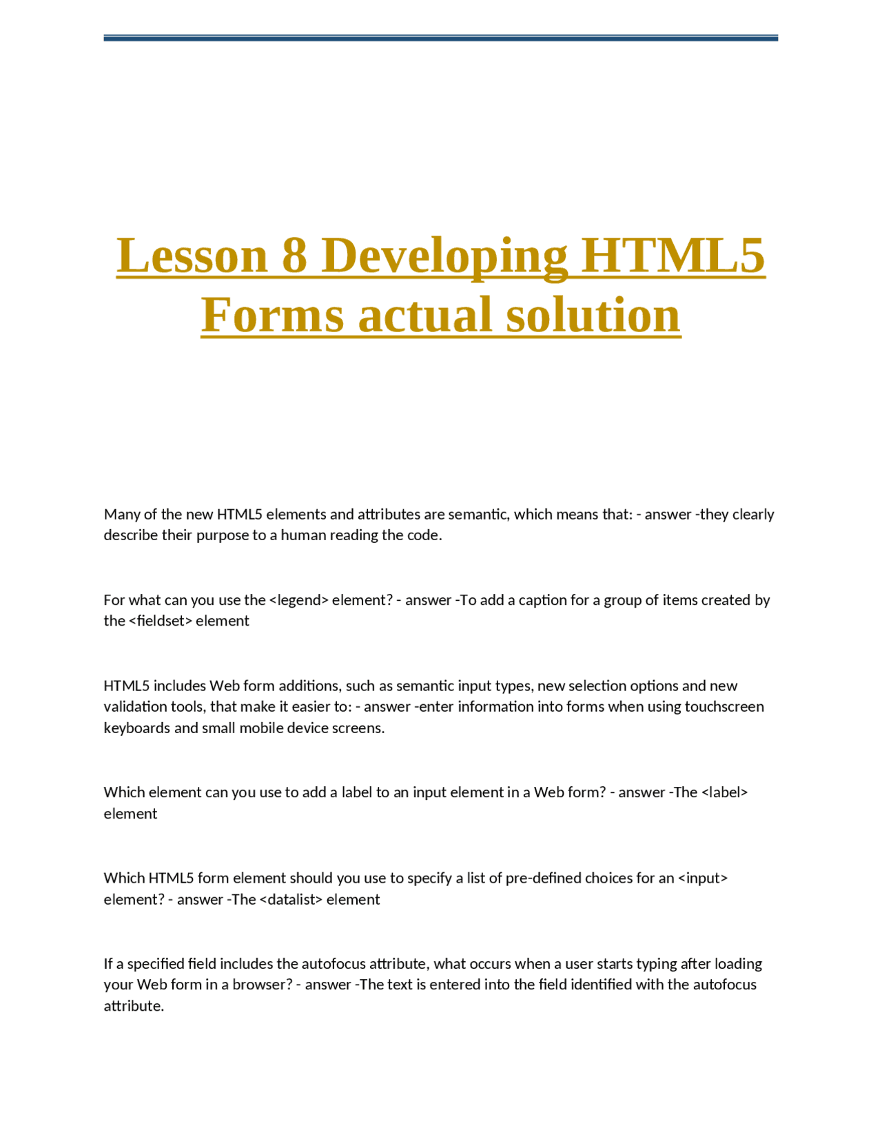 HTML5 Forms: A Comprehensive Guide with Questions and Answers | Exams Nursing | Docsity