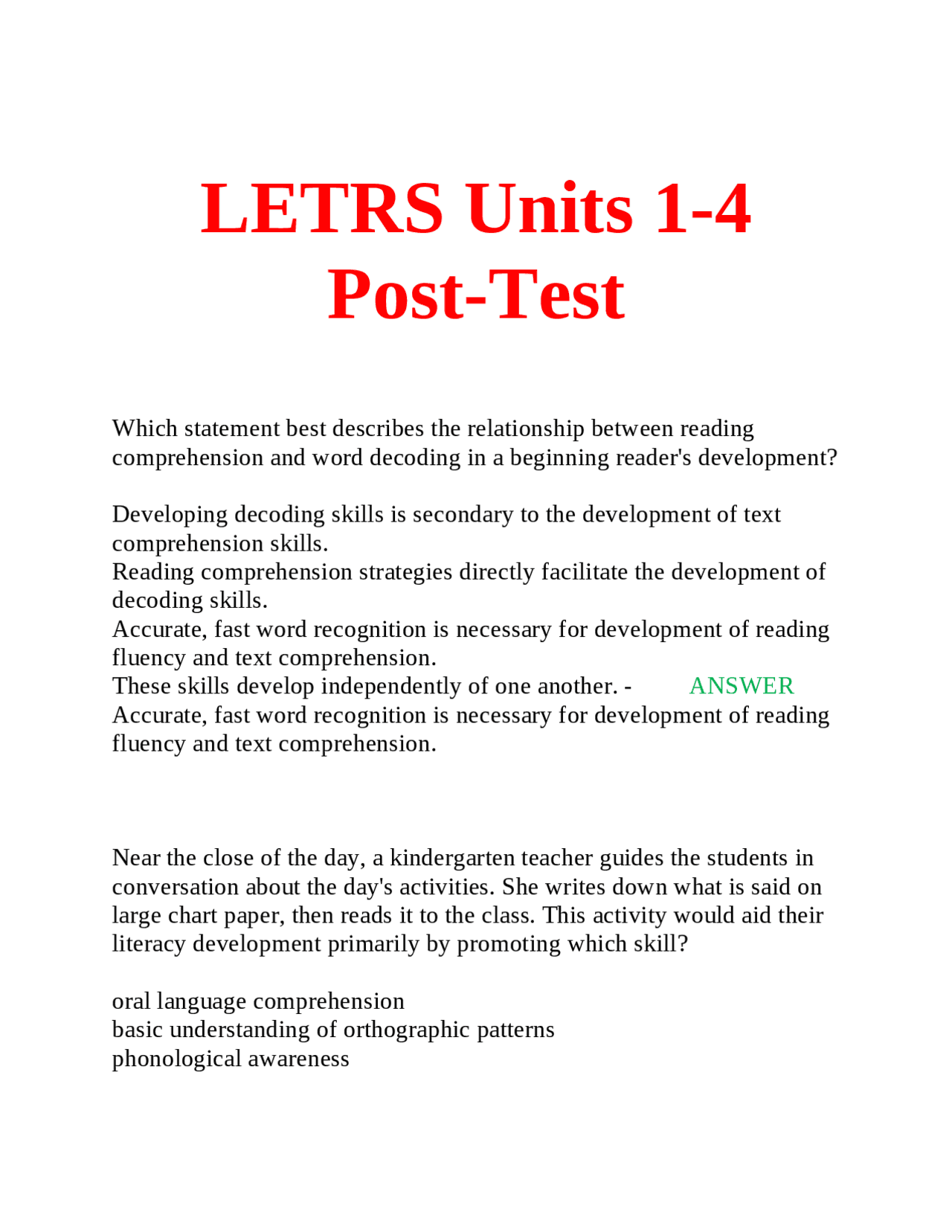 LETRS Units 1-4 Post-Test | Exams English Language | Docsity