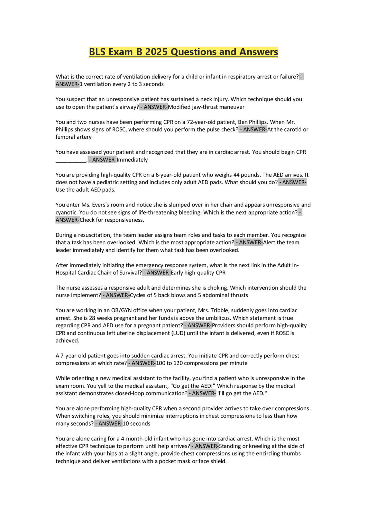 BLS Exam B 2025: Questions and Answers for Emergency Medical Response ...