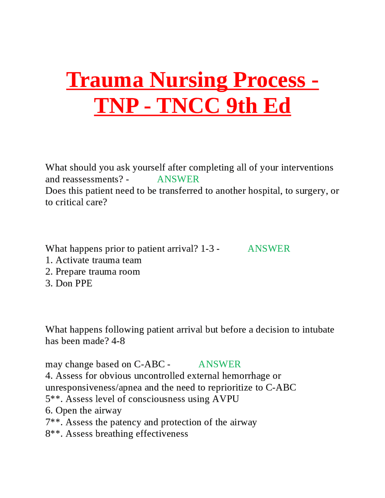 Trauma Nursing Process (TNP) Exercises: Questions and Answers for TNCC ...