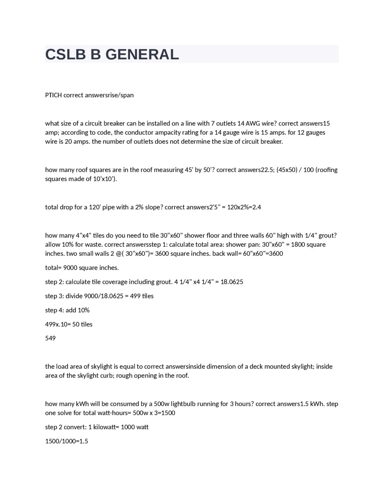 Construction Math and Building Codes Exercises | Exams Engineering | Docsity