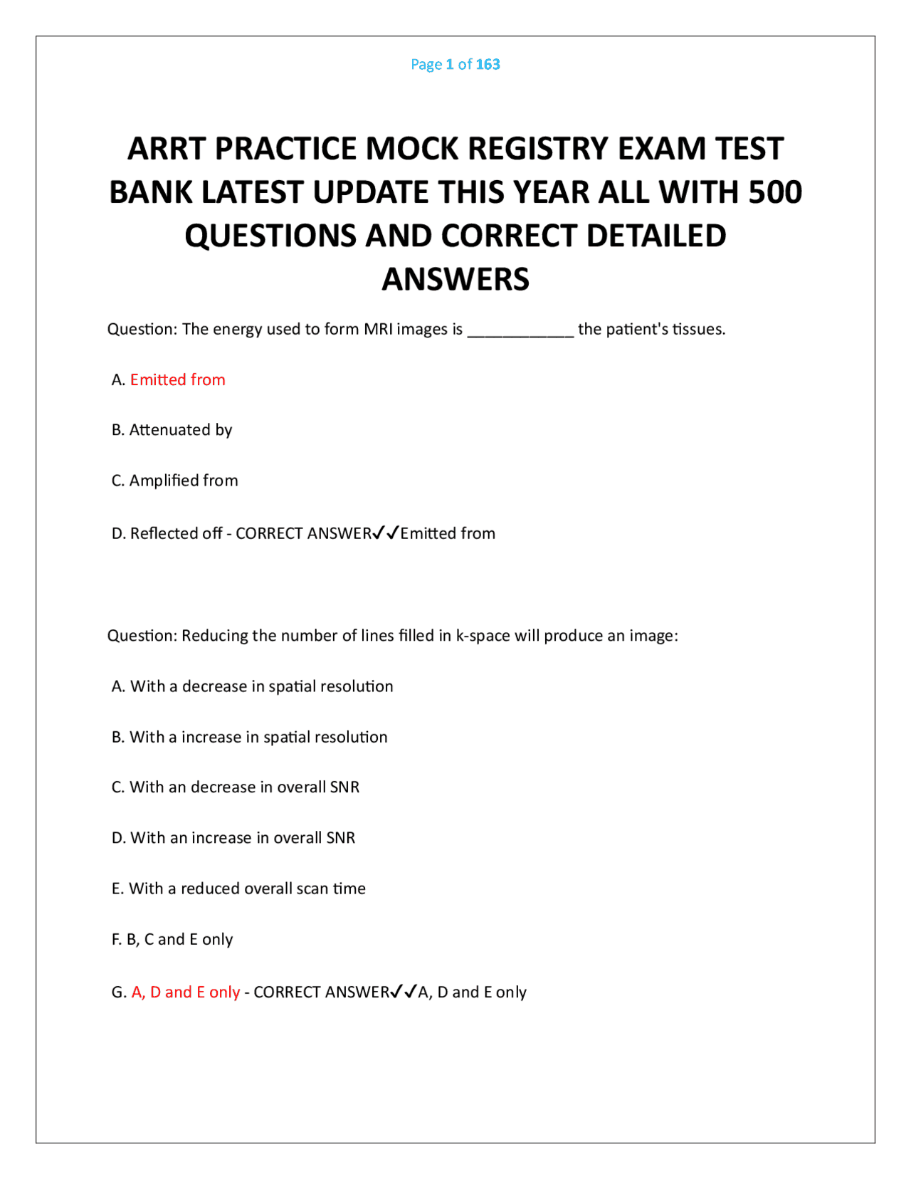ARRT PRACTICE MOCK REGISTRY EXAM TEST BANK LATEST UPDATE THIS YEAR ALL ...