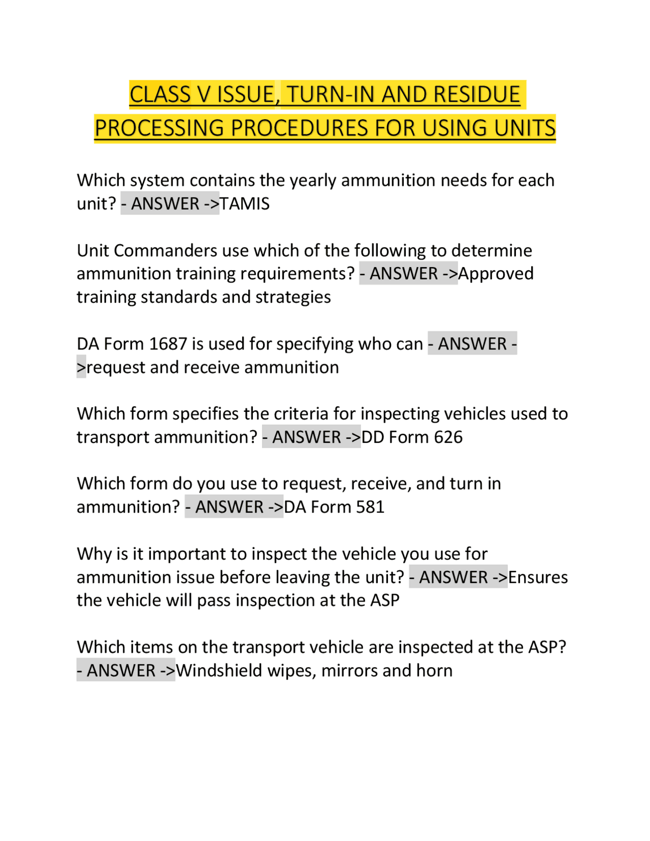 Class V Issue Turn In And Residue Processing Procedures For Using Units Exams Military