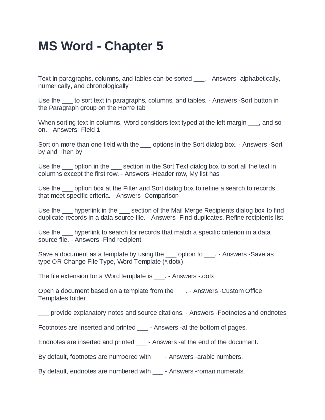 MS Word Exam With Questions and Correct Answers | Exams Computer ...