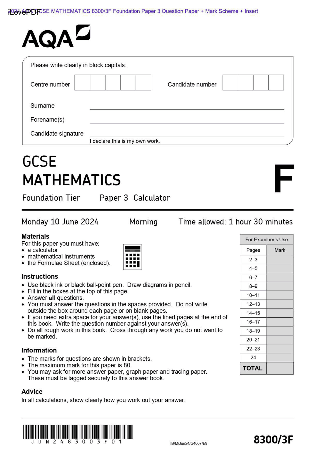 2024 AQA GCSE MATHEMATICS 8300/3F Foundation Paper 3 Question Paper ...