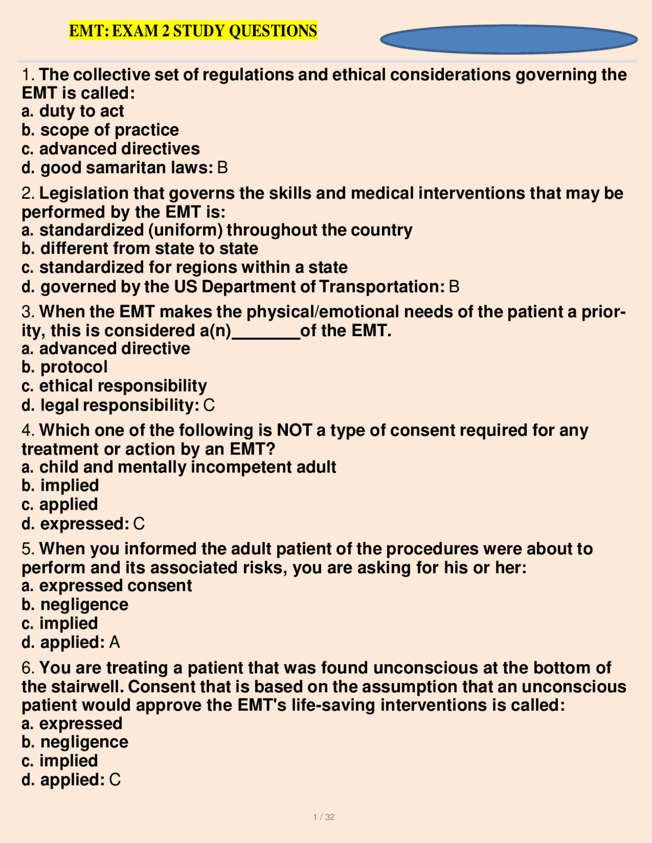 EMT: EXAM 2 STUDY QUESTIONS & ANSWERS GRADED A+ | Exams Nursing | Docsity