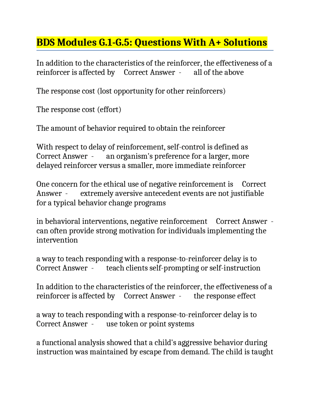 BDS Modules G.1-G.5: Behavior Analysis Questions and Answers | Exams ...