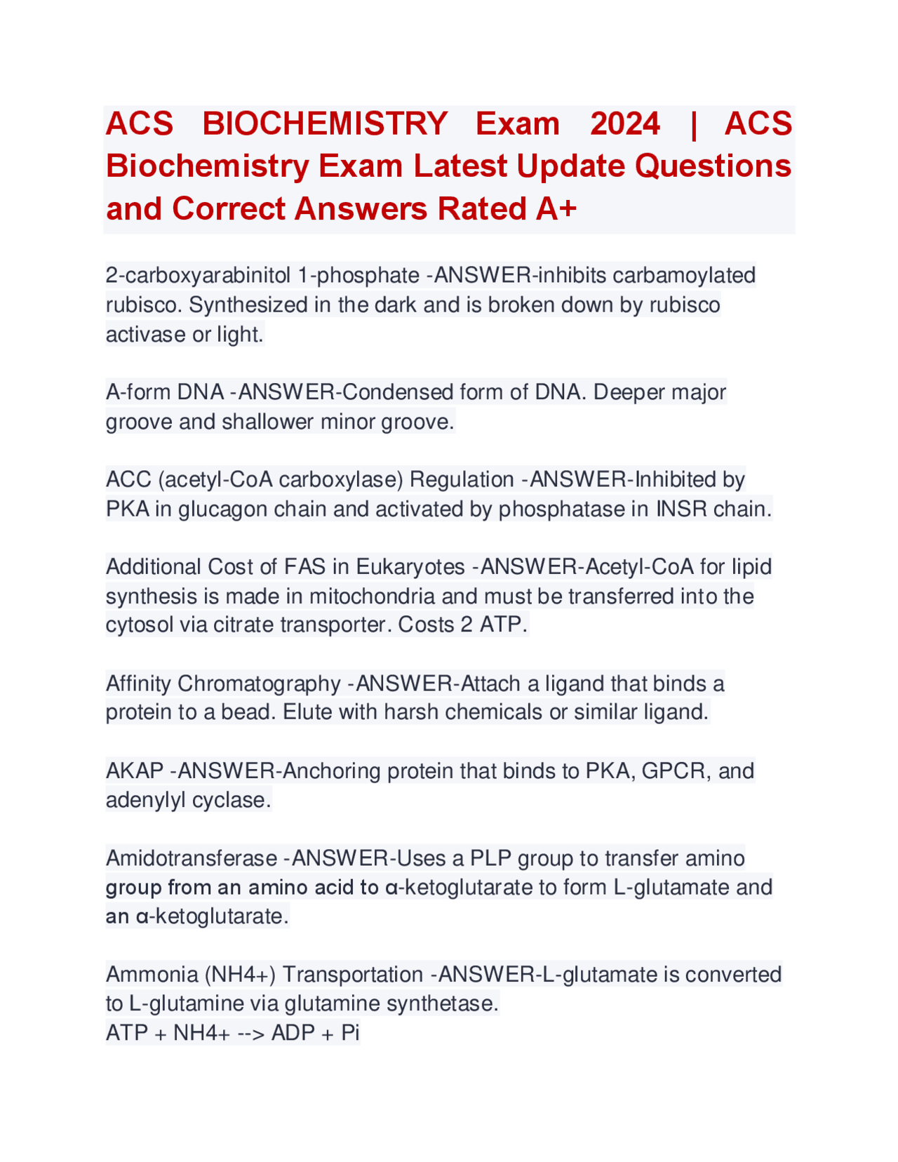 ACS BIOCHEMISTRY Exam 2024 | ACS Biochemistry Exam Latest Update ...