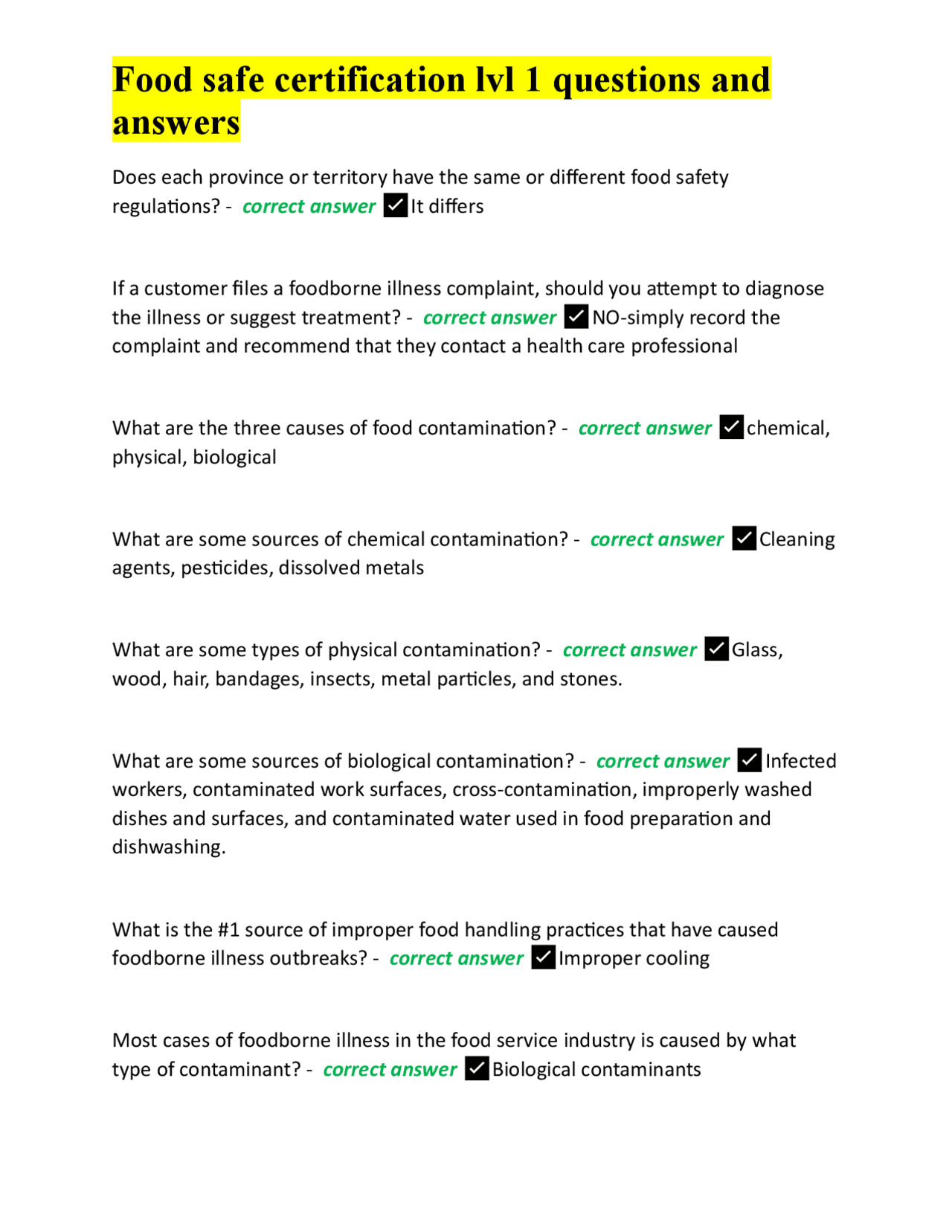 Food safe certification lvl 1 questions and answers | Exams Food ...