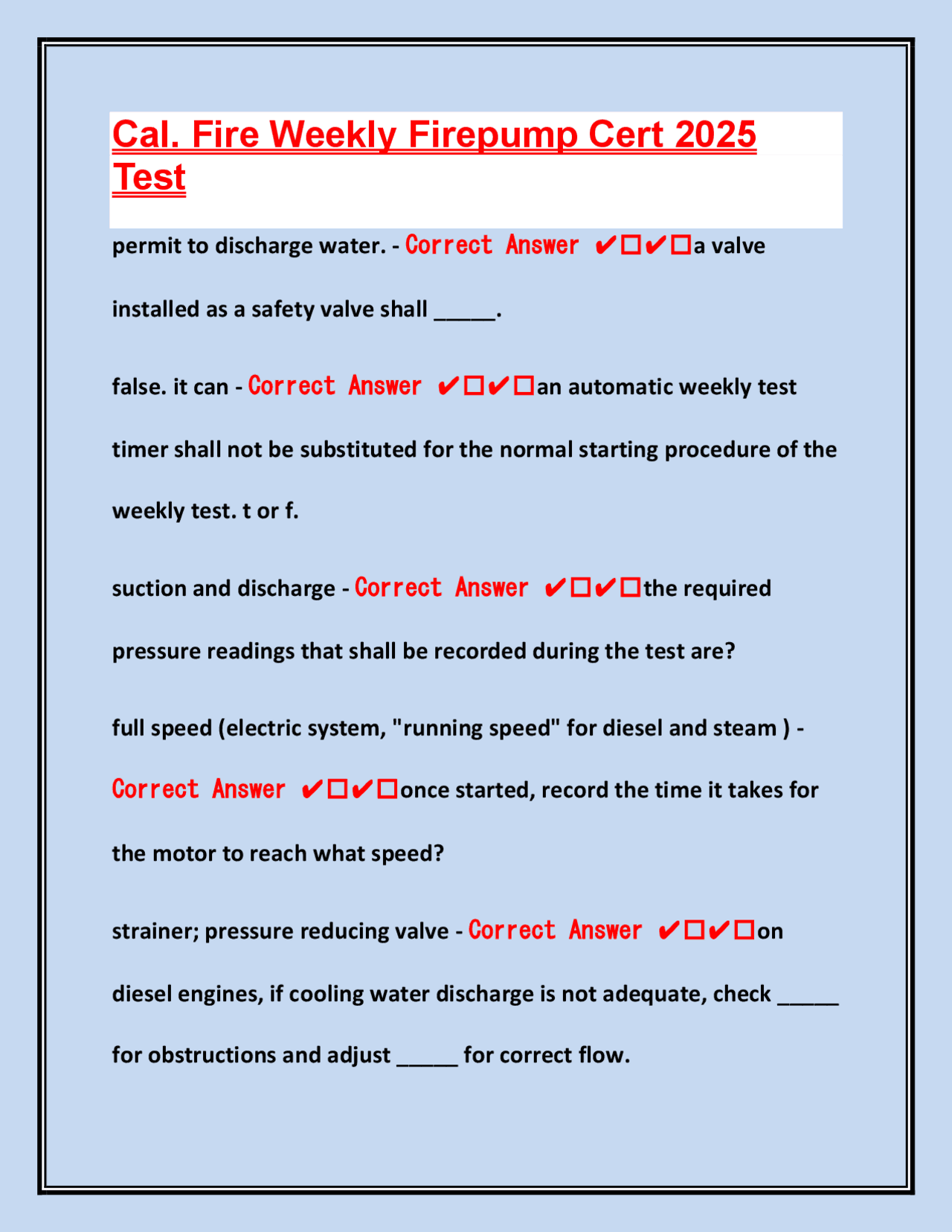 Weekly Fire Pump Certification Test: Questions and Answers | Exams ...