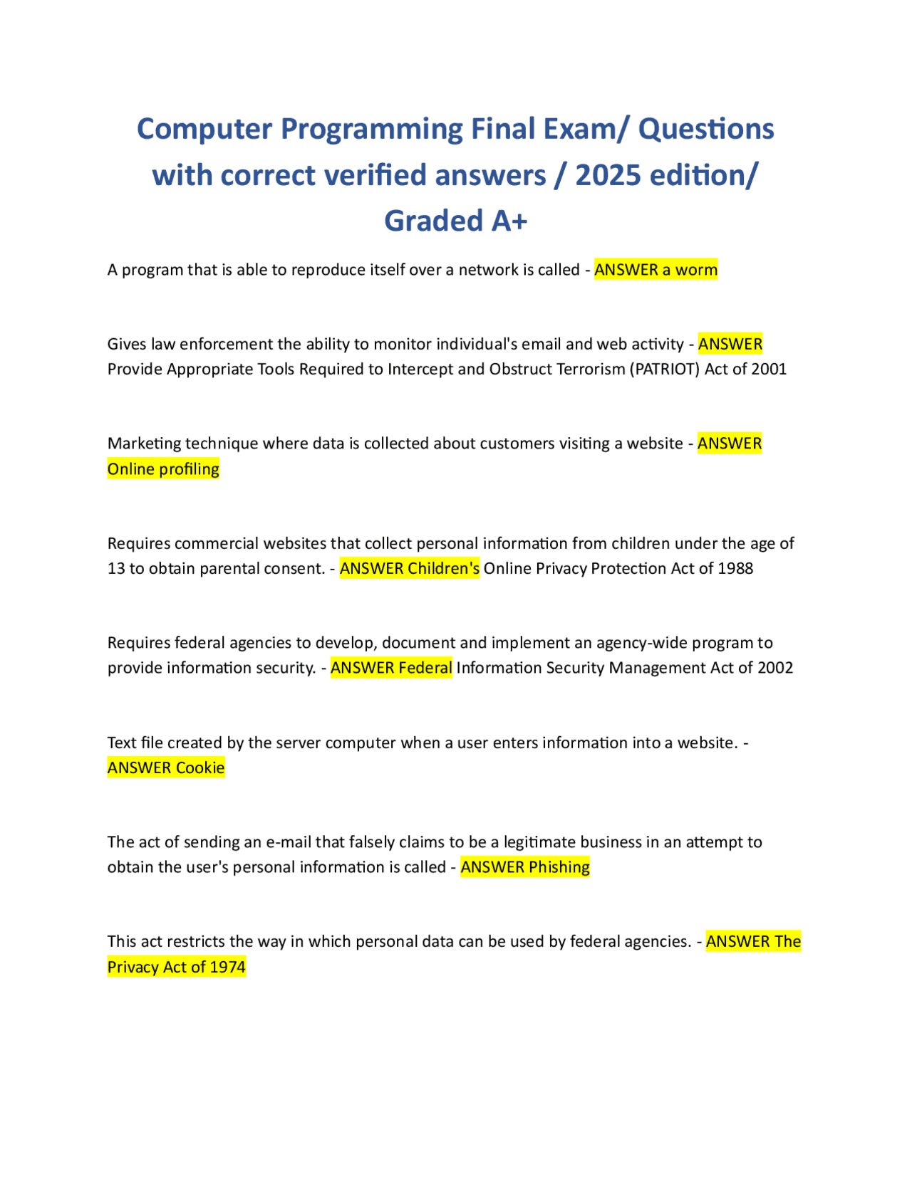 Computer Programming Final Exam Questions With Correct Verified Answers 2025 Edition Exams