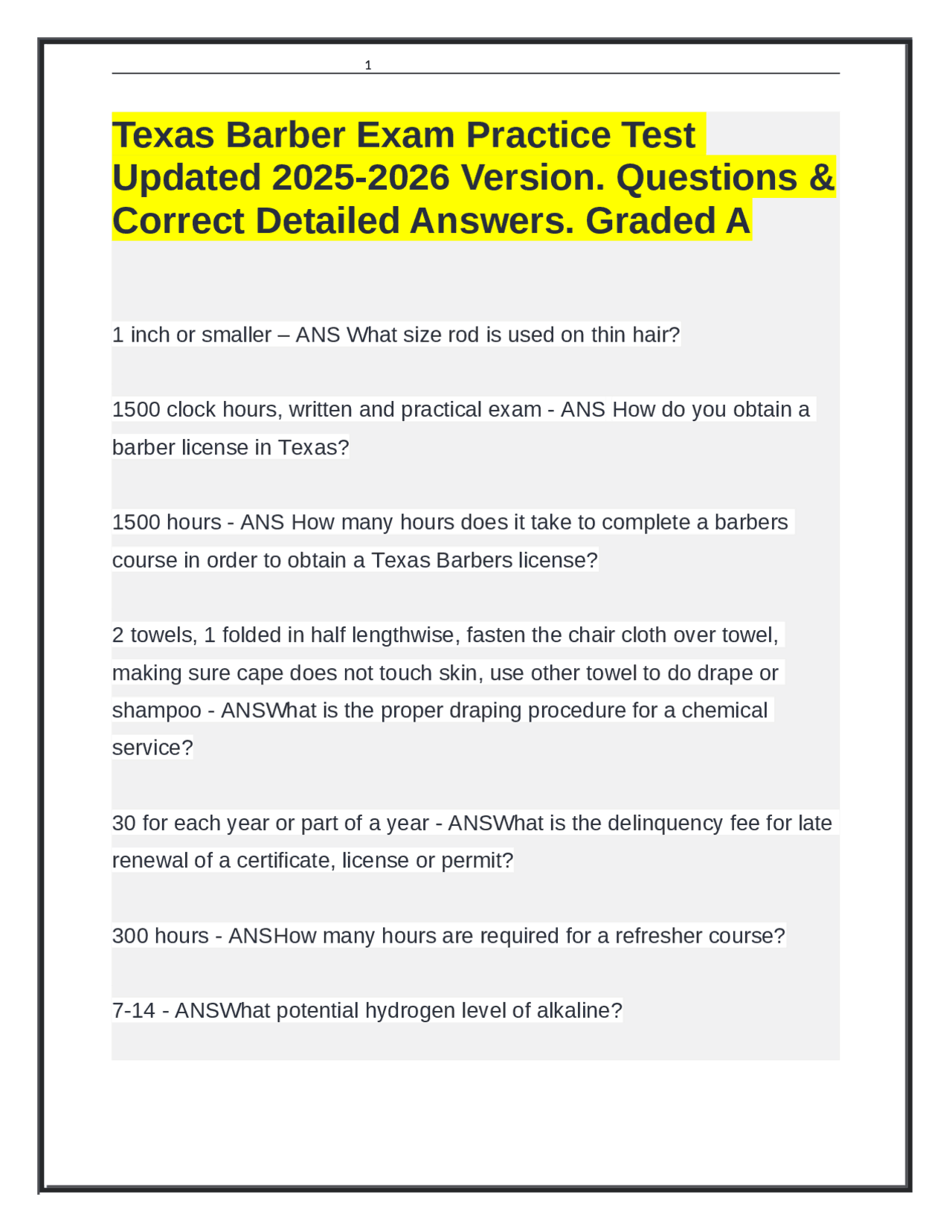 Texas Barber Exam Practice Test Updated 2025-2026 Version. Questions ...