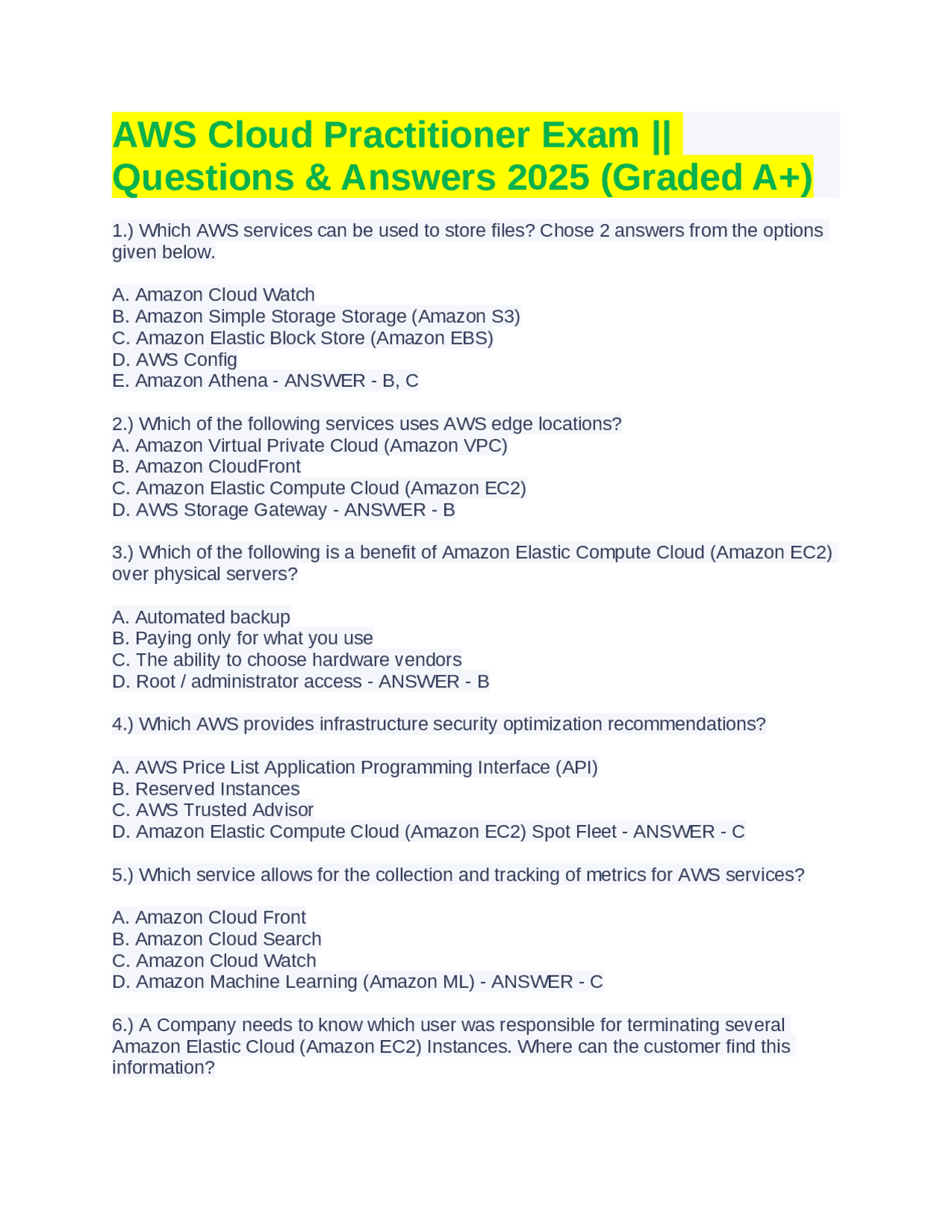 AWS Cloud Practitioner Exam || Questions & Answers 2025 (Graded A+ ...
