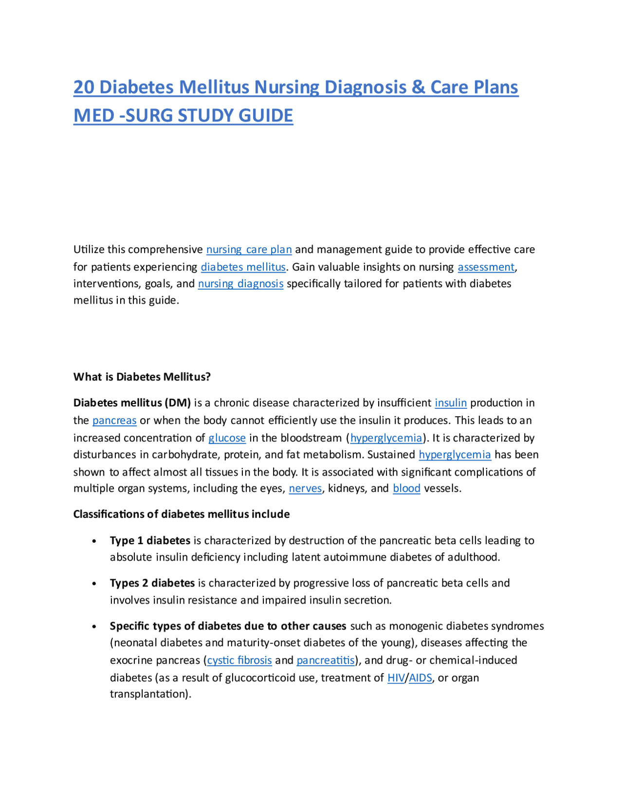 20 Diabetes Mellitus Nursing Diagnosis & Care Plans MED -SURG STUDY ...