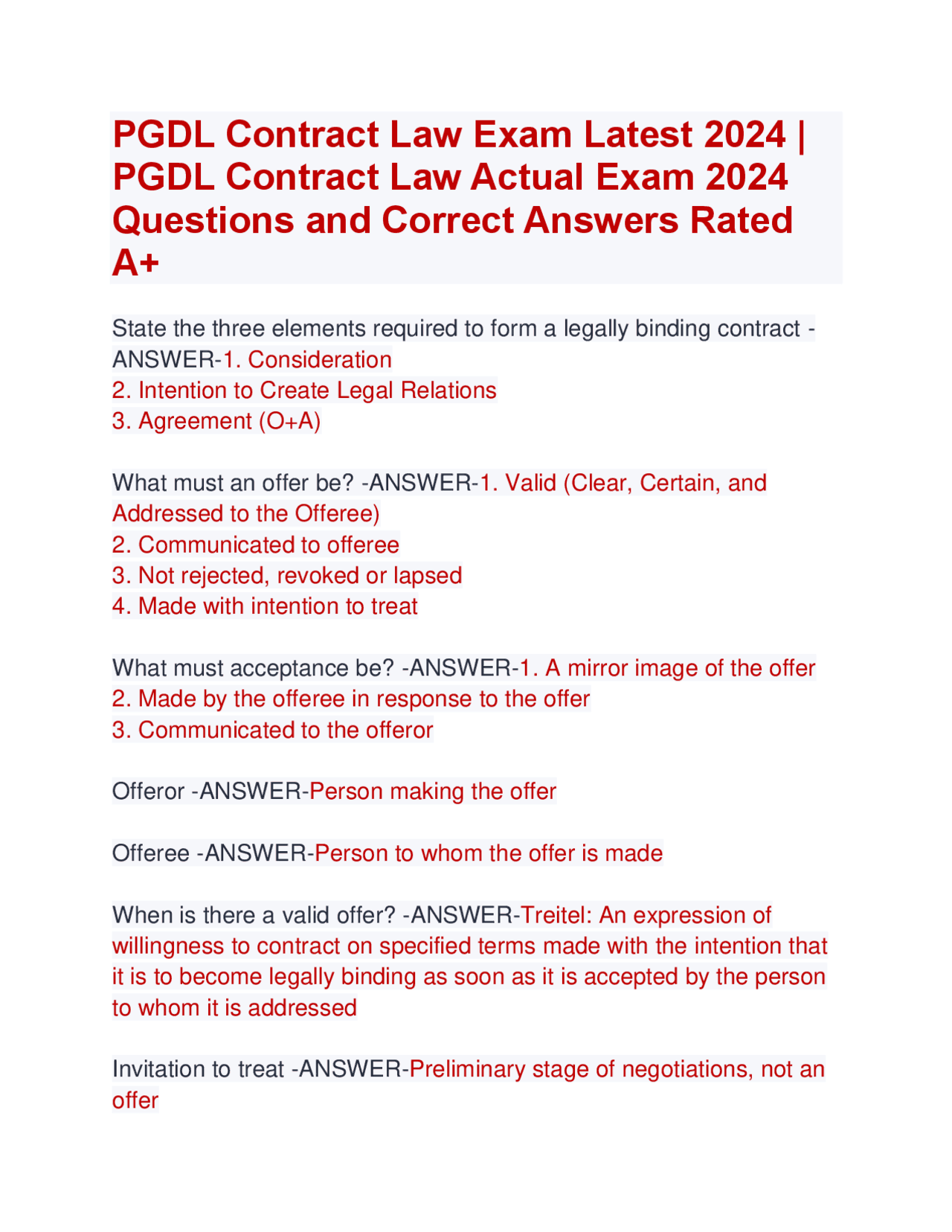 PGDL Contract Law Exam Latest 2024 | PGDL Contract Law Actual Exam 2024 ...