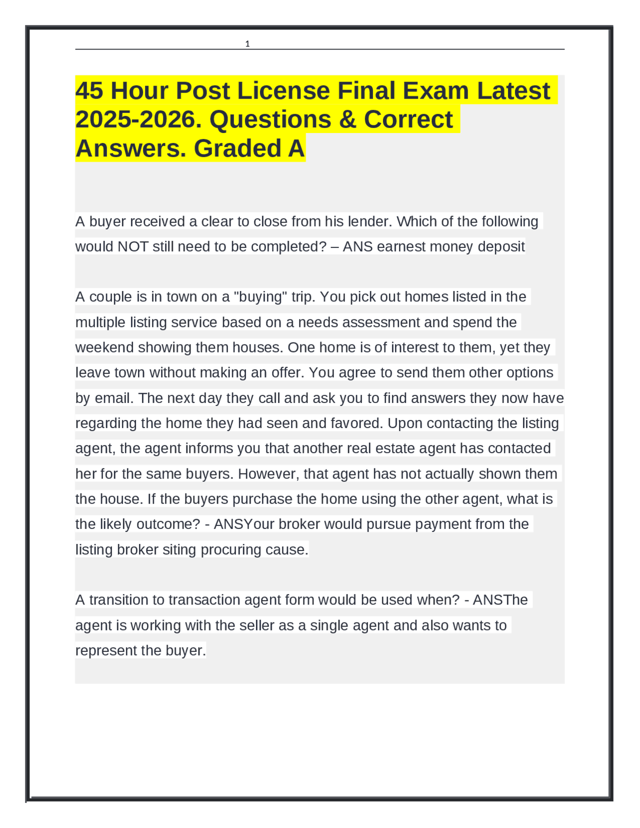 45 Hour Post License Final Exam Latest 2025-2026. Questions & Correct ...