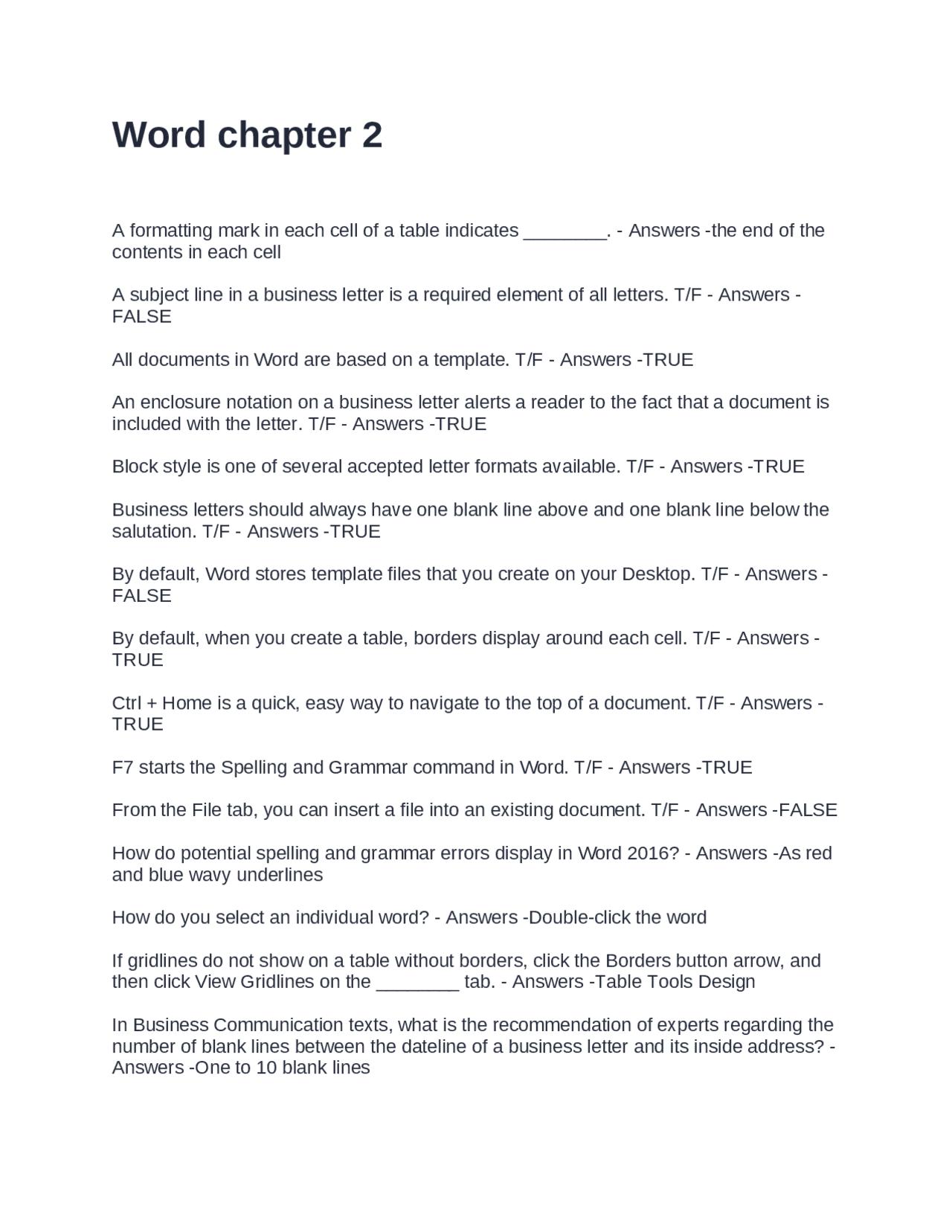 Word chapter 2 Questions With 100% Correct Answers | Exams Computer ...