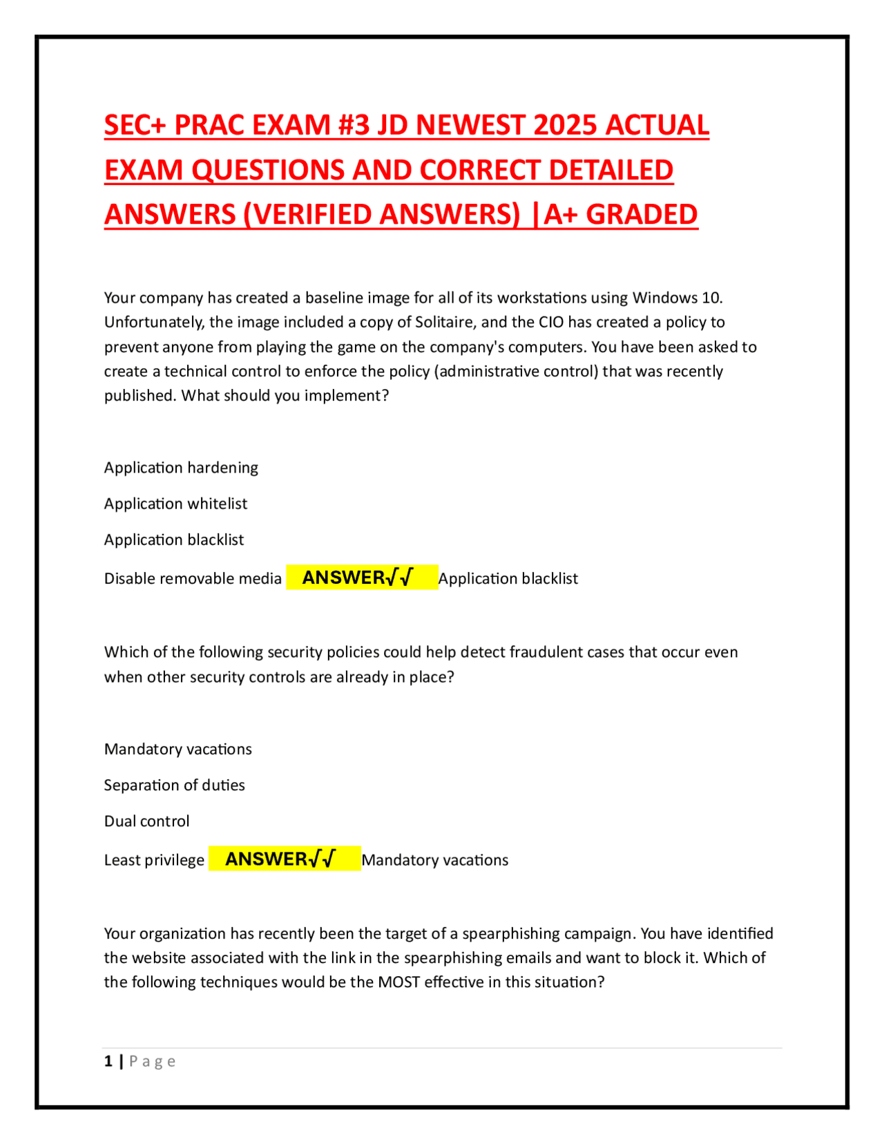 SEC+ PRAC EXAM #3 JD NEWEST 2025 ACTUAL EXAM QUESTIONS AND CORRECT ...