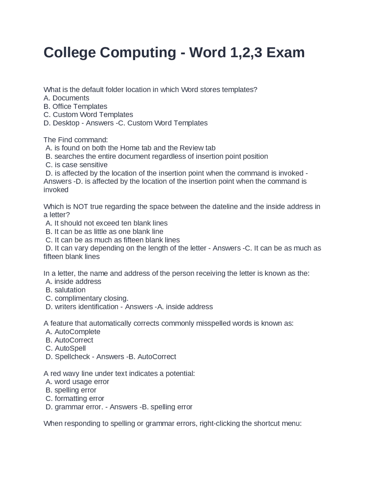 Microsoft Word Multiple Choice Questions and Answers | Exams Computer Programming | Docsity