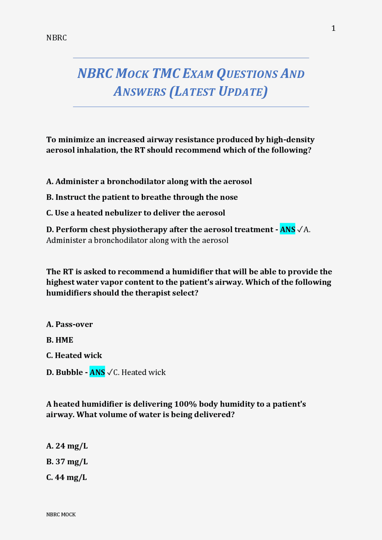 NBRC Mock TMC Exam Questions And Answers (Latest Update) | Exams ...