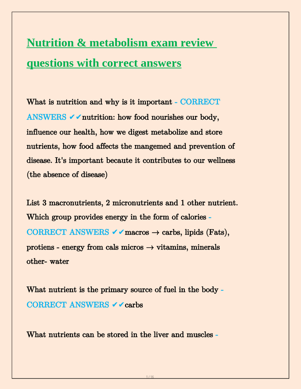 Nutrition & metabolism exam review questions with correct answers ...