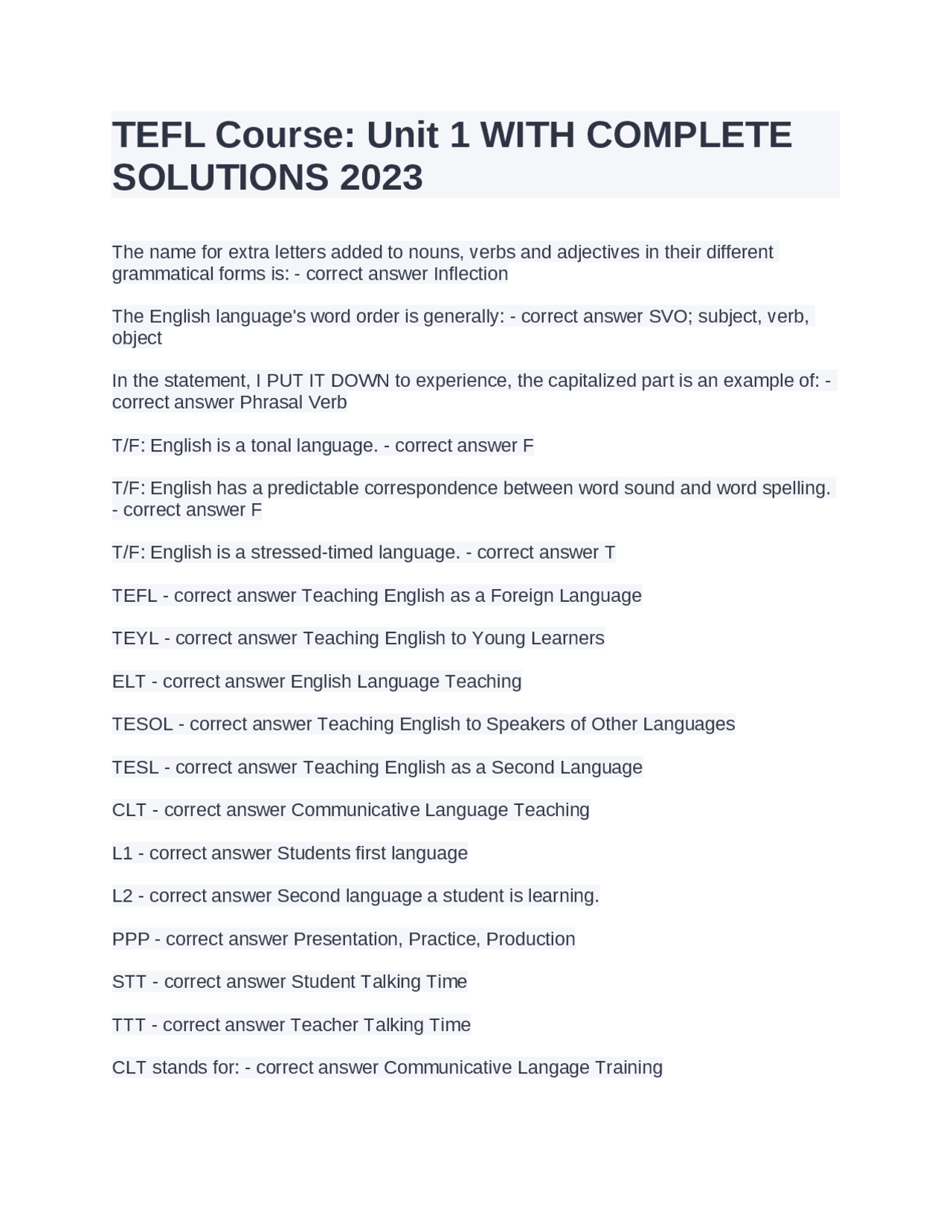 TEFL Course: Unit 1 Exercises and Solutions - 2023 | Exams Nursing ...