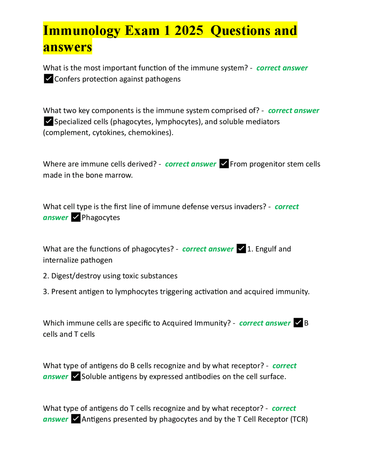 Immunology Exam 1 2025 Questions and answers | Exams Immunology | Docsity