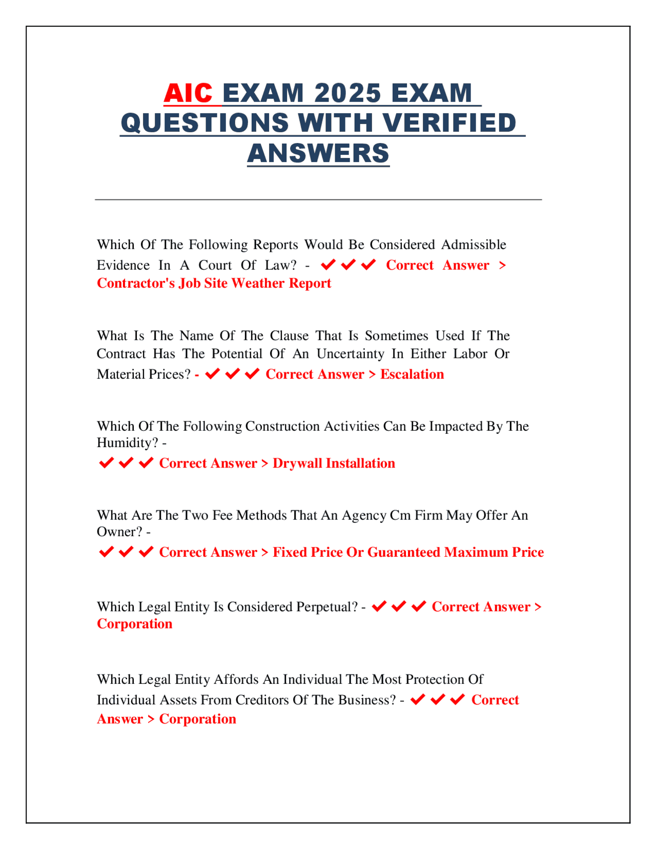 AIC EXAM 2025 EXAM QUESTIONS WITH VERIFIED ANSWERS | Exams Construction ...