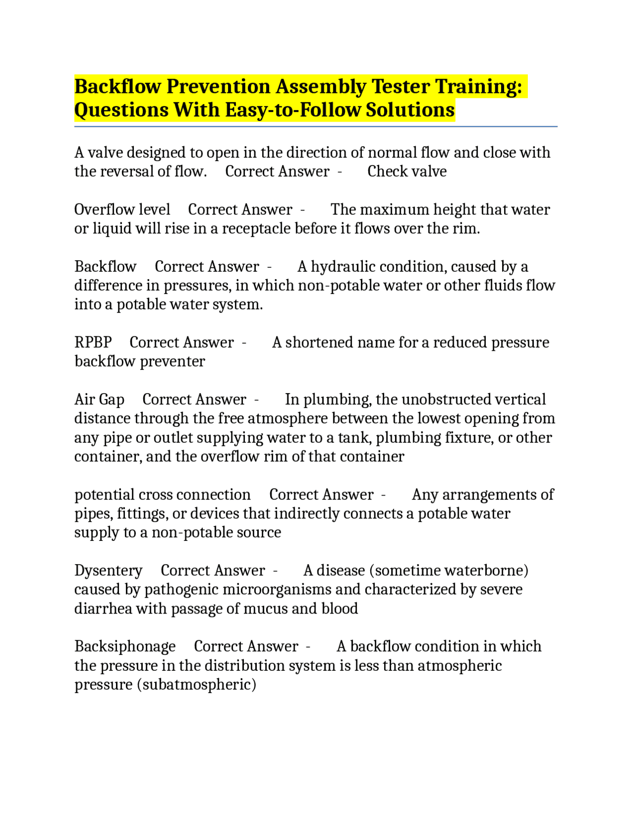 Backflow Prevention Assembly Tester Training: Questions With Easy-to ...