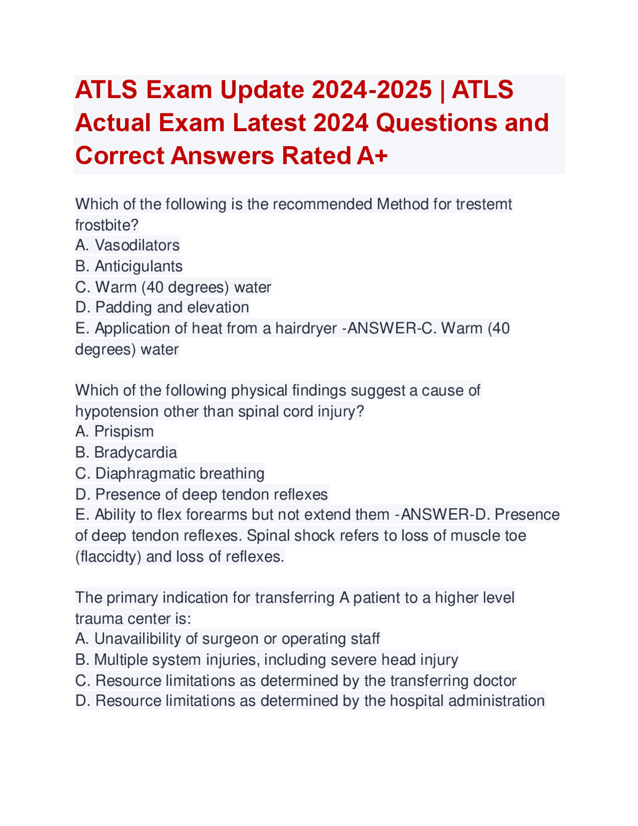 ATLS Exam Update 2024-2025 | ATLS Actual Exam Latest 2024 Questions and ...