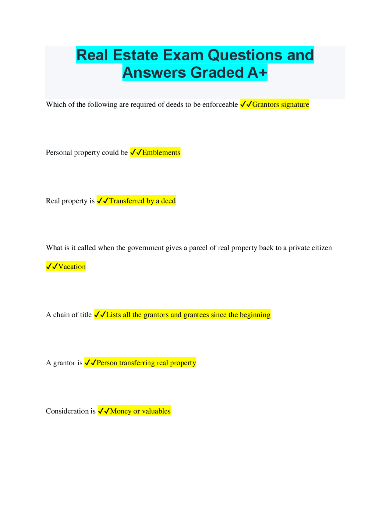 Real Estate Exam Questions and Answers Graded A+ | Exams Real Estate ...